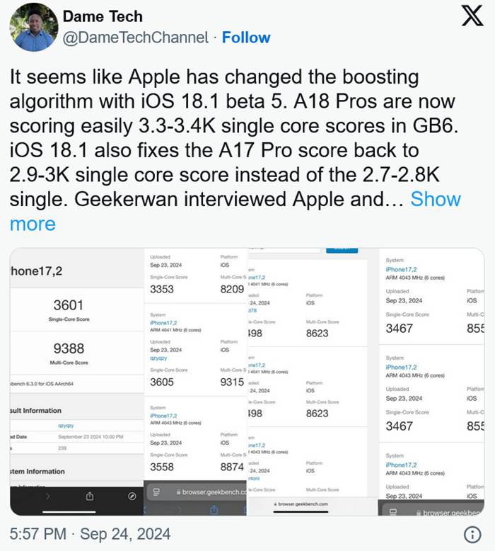 升級iOS 18 Beta 5後，實測 A18 Pro處理器性能得到大幅提升 | T客邦